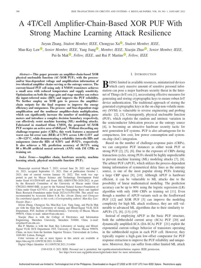 A 4T Cell Amplifier-Chain-Based XOR PUF With Strong Machine Learning Attack Resilience | PDF ...