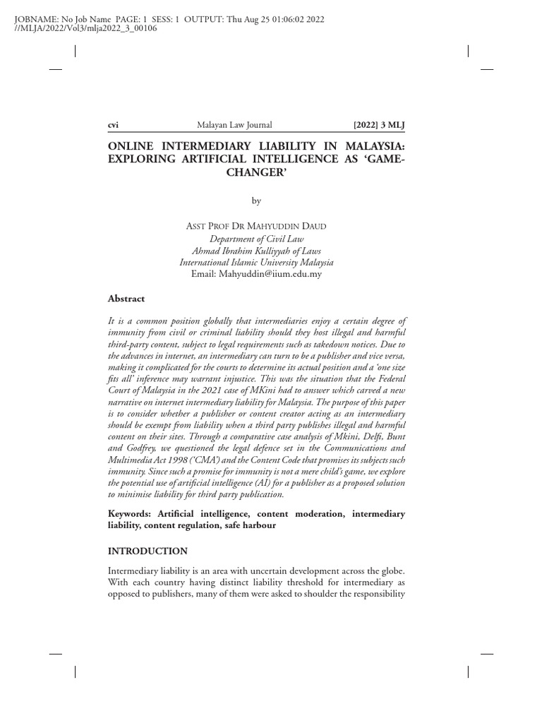 Online Intermediary Liability in Malaysia Exploring Artificial ... Online Intermediary Liability in Malaysia Exploring Artificial ...