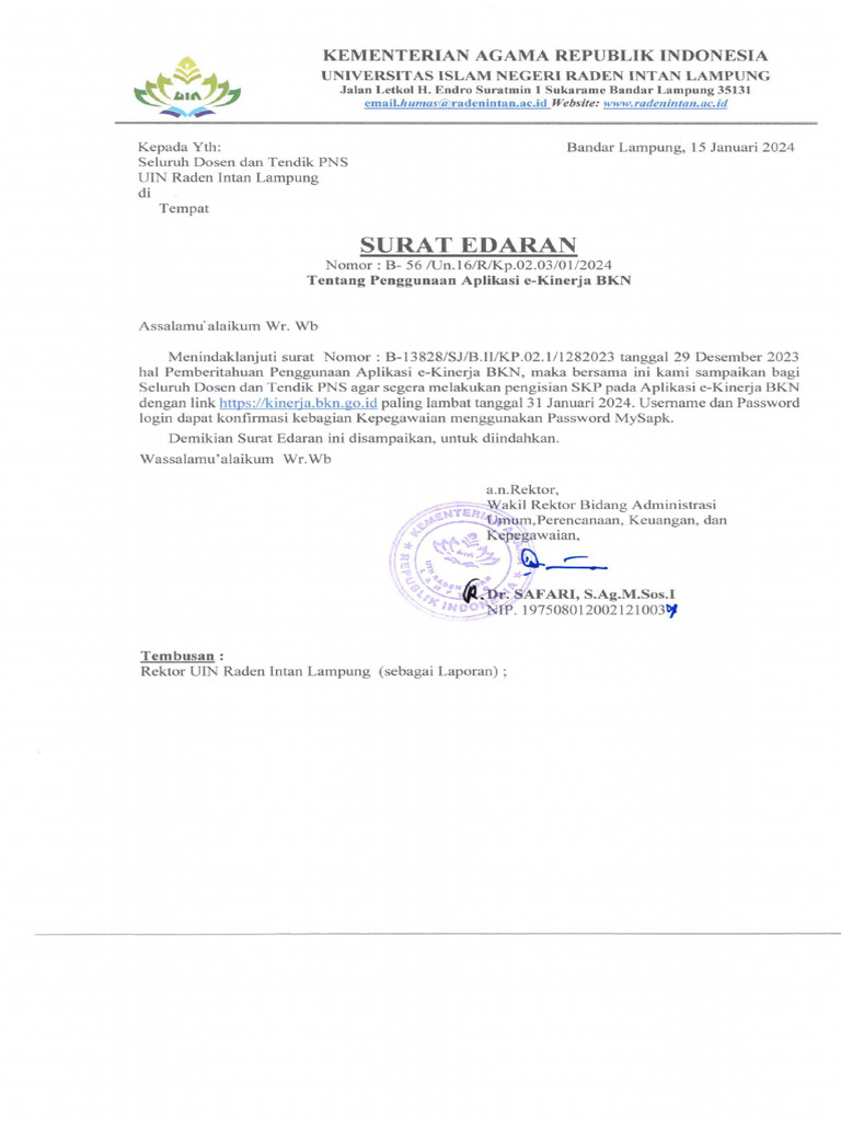 Edaran Penggunaan Aplikasi E-Kinerja BKN | PDF