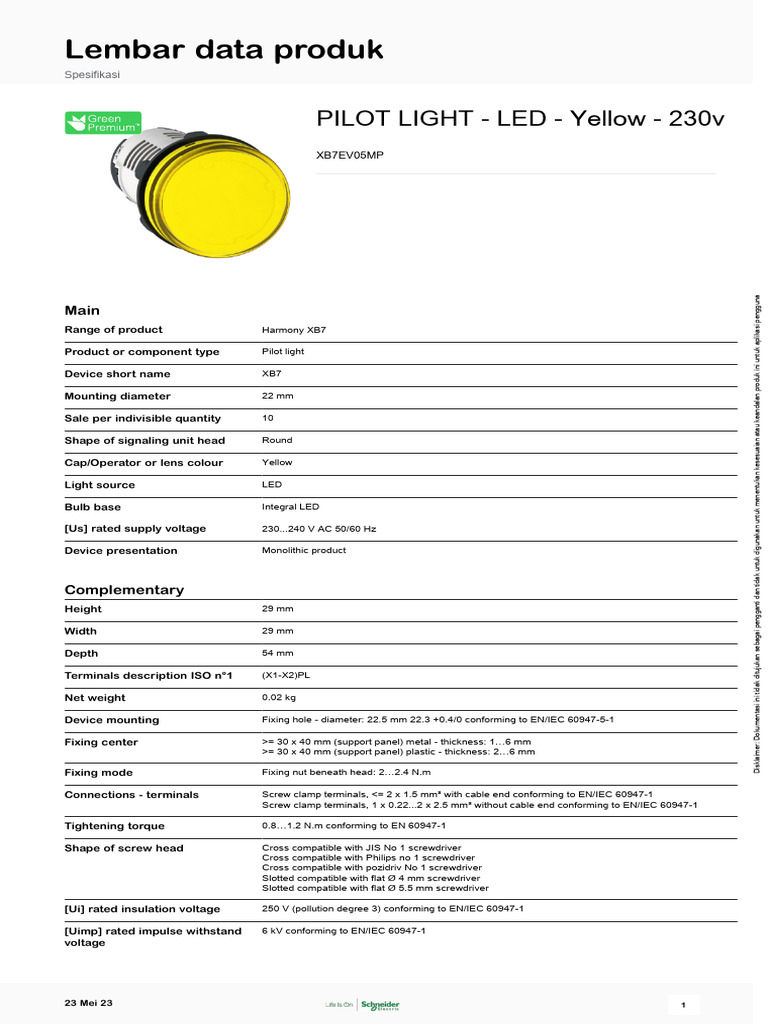 LED Pilot Light XB7EV05MP Specifications | PDF | Mains Electricity ...