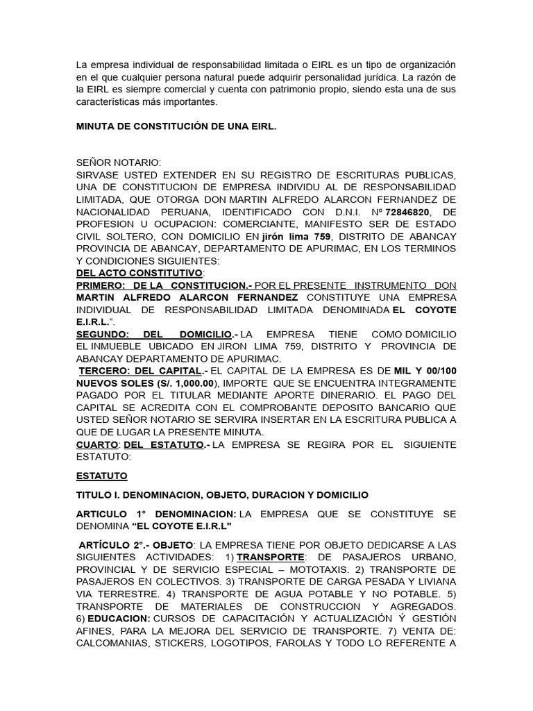 Minuta de Contistitucion E.I.R.L | PDF | Bancos | Pagaré