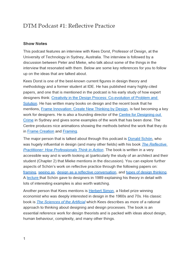DTM Podcast #1 Reflective Practice Show Notes and Transcript1 | PDF ...
