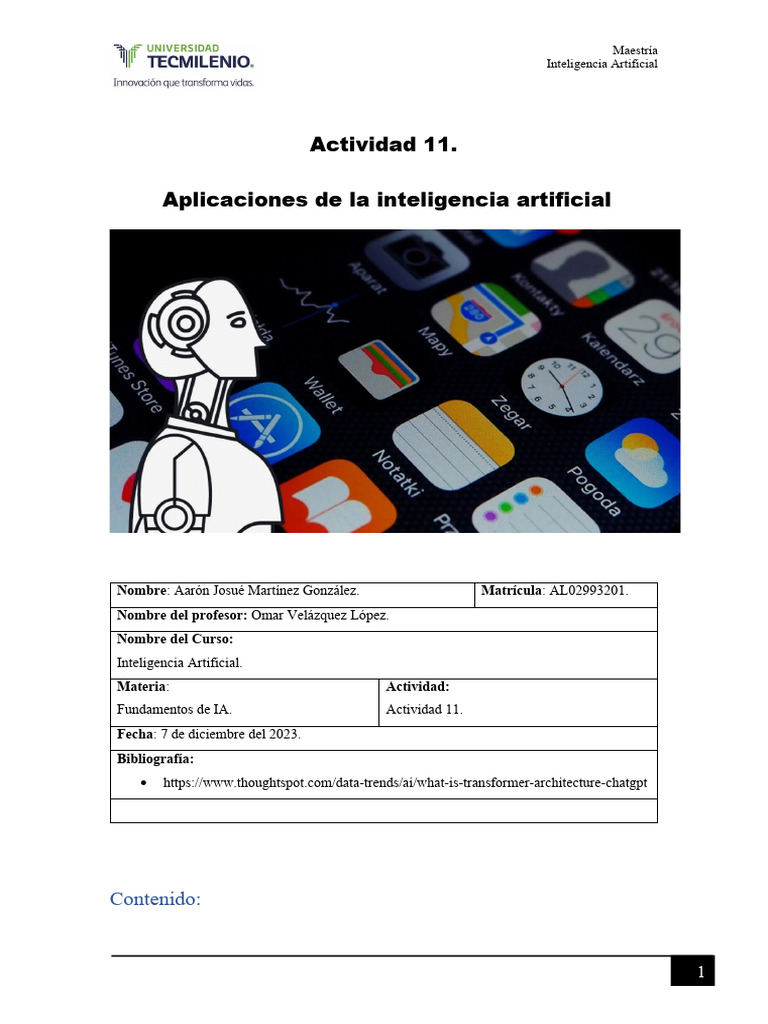 Actividad 11. Aplicacion de La Inteligencia Artificial | Descargar gratis PDF | Inteligencia ...