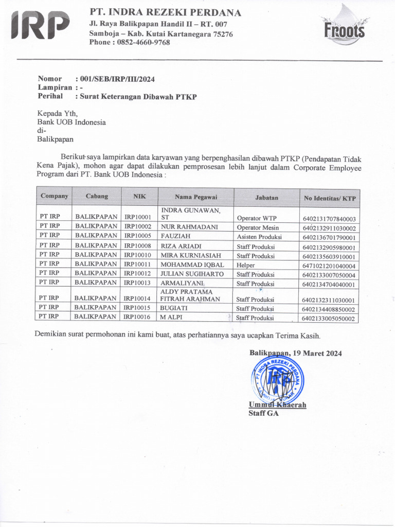 Surat Keterangan Dibawah PTKP | PDF