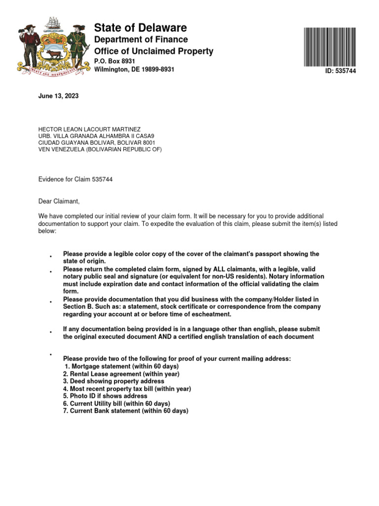 Unclaimed Property Claim Instructions | PDF
