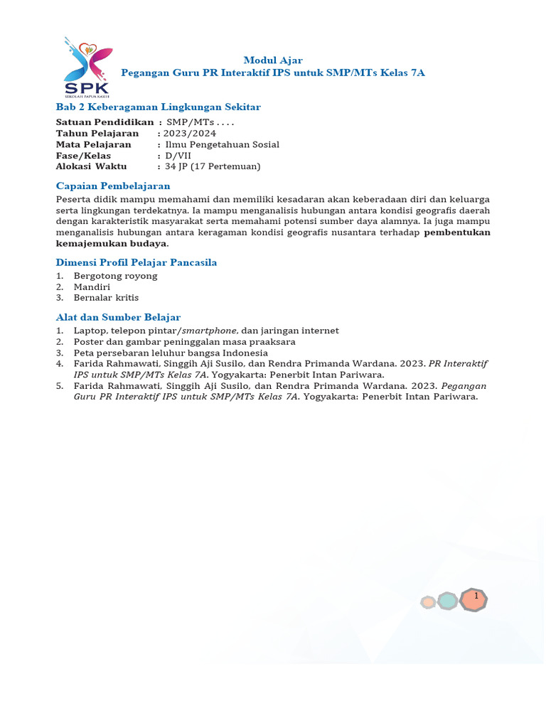 Modul Ajar PR IPS 7A 2023-2024 Bab 2 | PDF