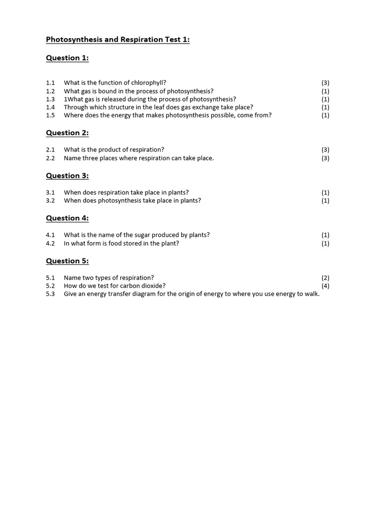 Photosynthesis and Respiration Test 1 | PDF | Photosynthesis | Cellular ...