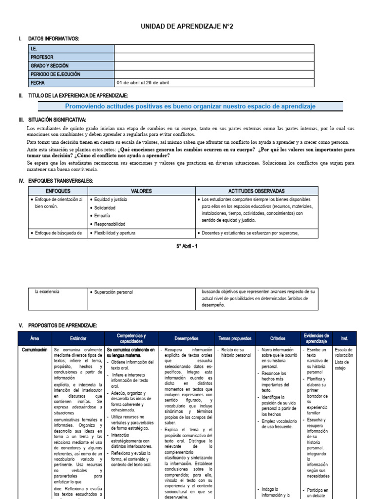5° Grado - Unidad de Aprendizaje N°02 | PDF | División (Matemáticas) | Números