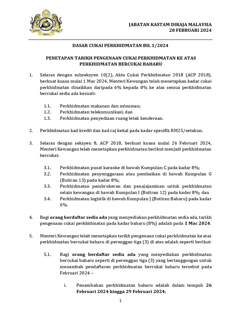 Dasar Cukai Perkhidmatan Bil 1-2024 | PDF
