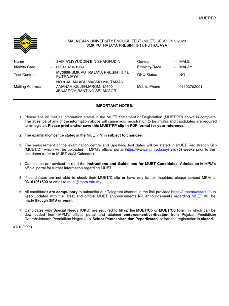 MUET Registration Details for 2023 | PDF
