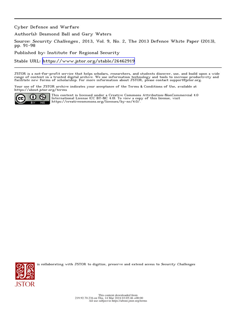 Ball CyberDefenceWarfare 2013 | PDF | Cyberwarfare | Security