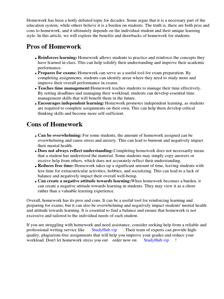 Pros and Cons of Homework | PDF | Homework | Teachers