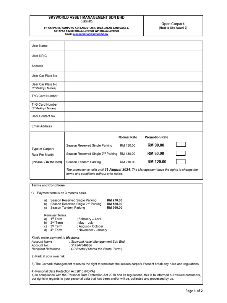 Open Carpark at SA3 - Rental Form 2024 (Promotion) | PDF | Parking Lot ...