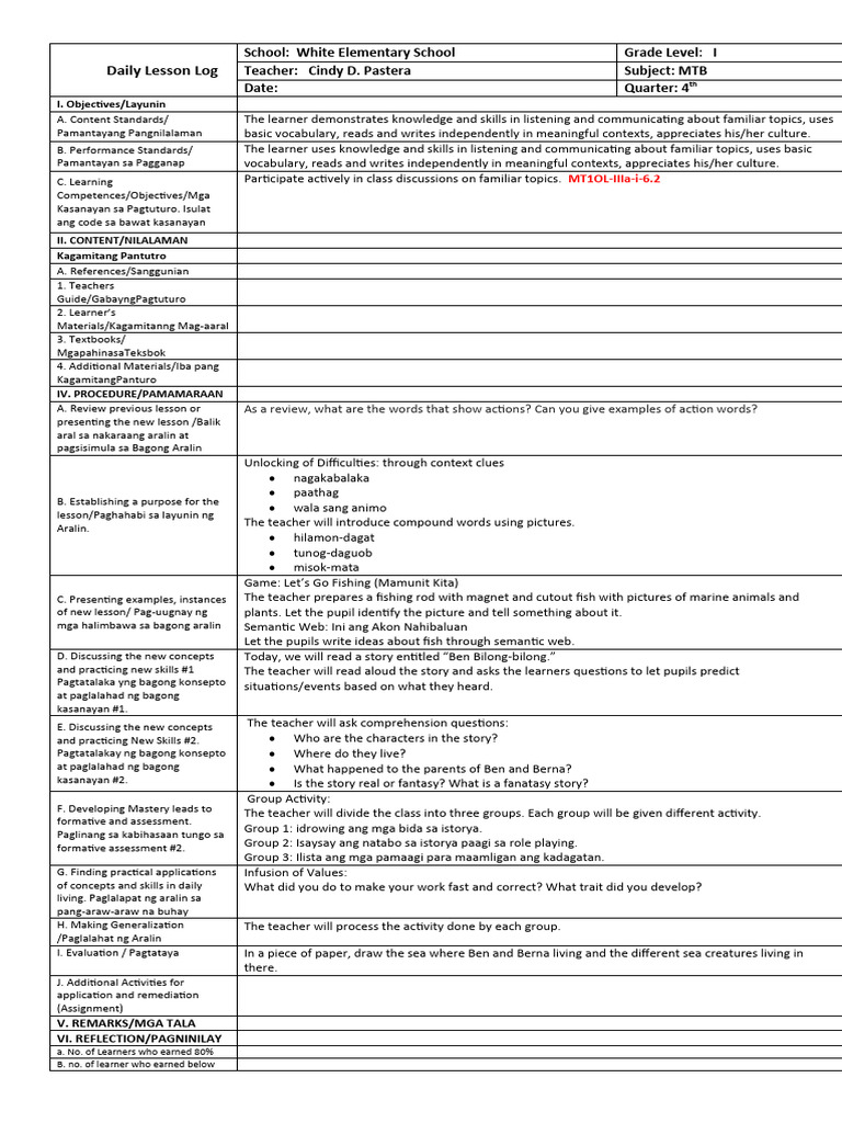DLL - Week 1-Mtb - 4th Quarter | PDF | Learning | Vocabulary