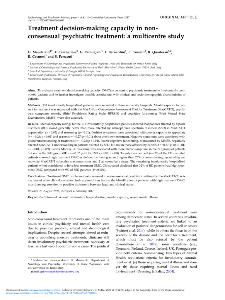 Treatment Decision-Making Capacity in Nonconsensual Psychiatric ...