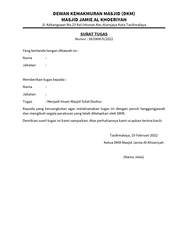 Contoh Surat Tugas Imam Masjid | PDF