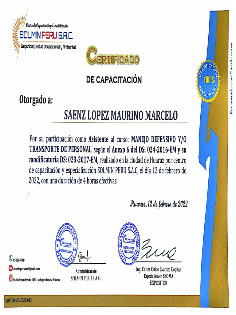 Certificado de Capacitacion - Manejo Defensivo Y.O Transporte de ...
