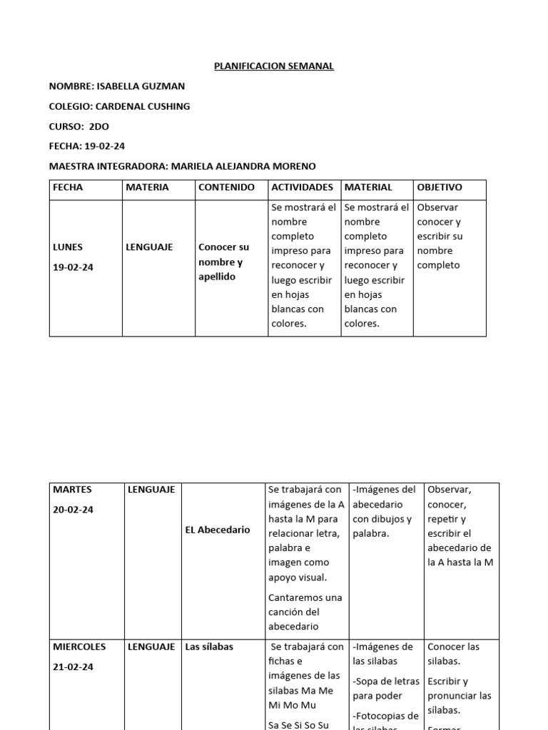 Planificación Semanal 2do Curso Lenguaje | PDF | Escritura ...
