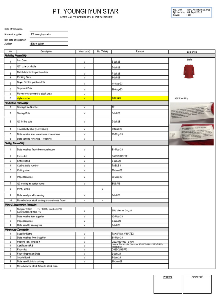 Tracebility Form Style G8K14R Dari Finishing | PDF | Fashion | Clothing