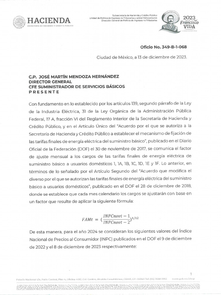 Oficio SHCP 349-B-1-068 TFSB Domésticas y Factor de Ajuste 2024 | PDF