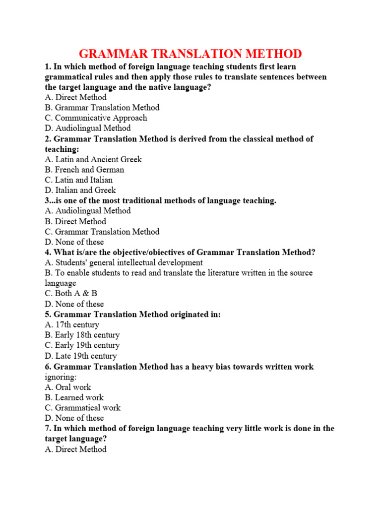 Grammar Translation Method Multiple Choices | PDF | Language Education ...