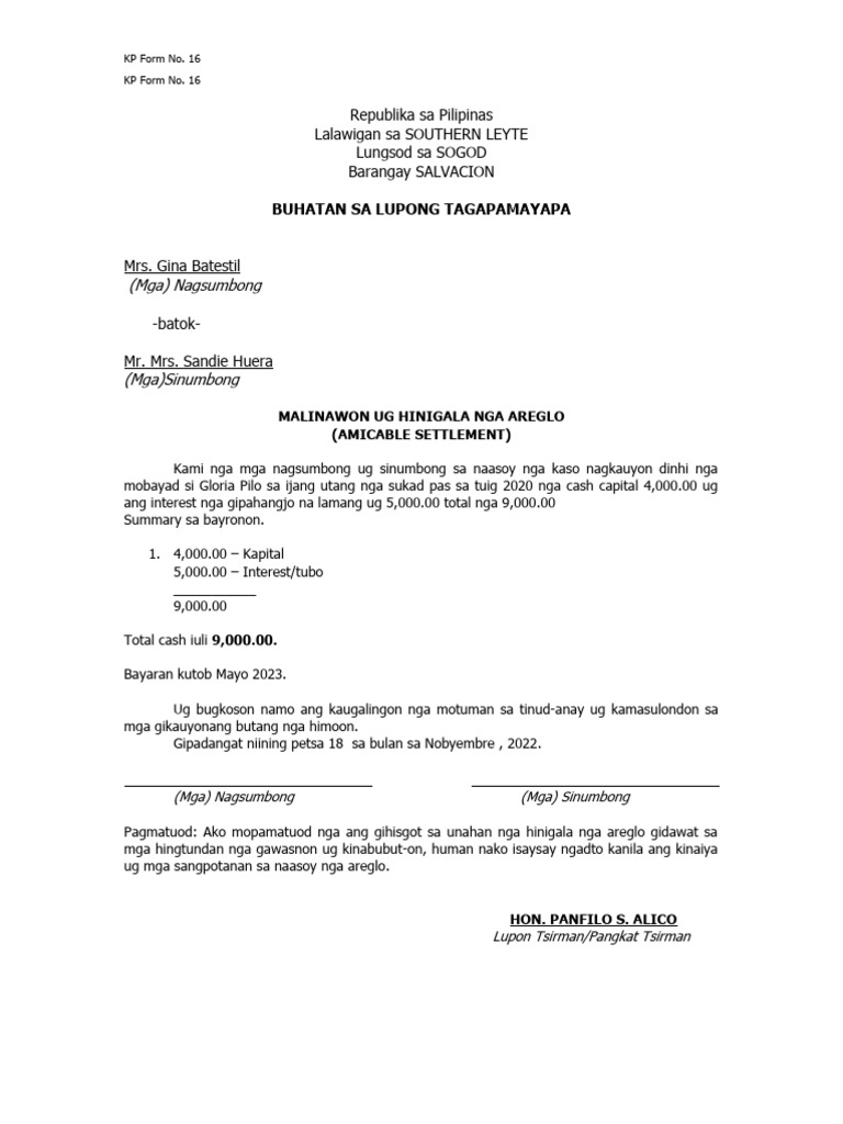 16 KP Form AMICABLE SETTLEMENT | PDF