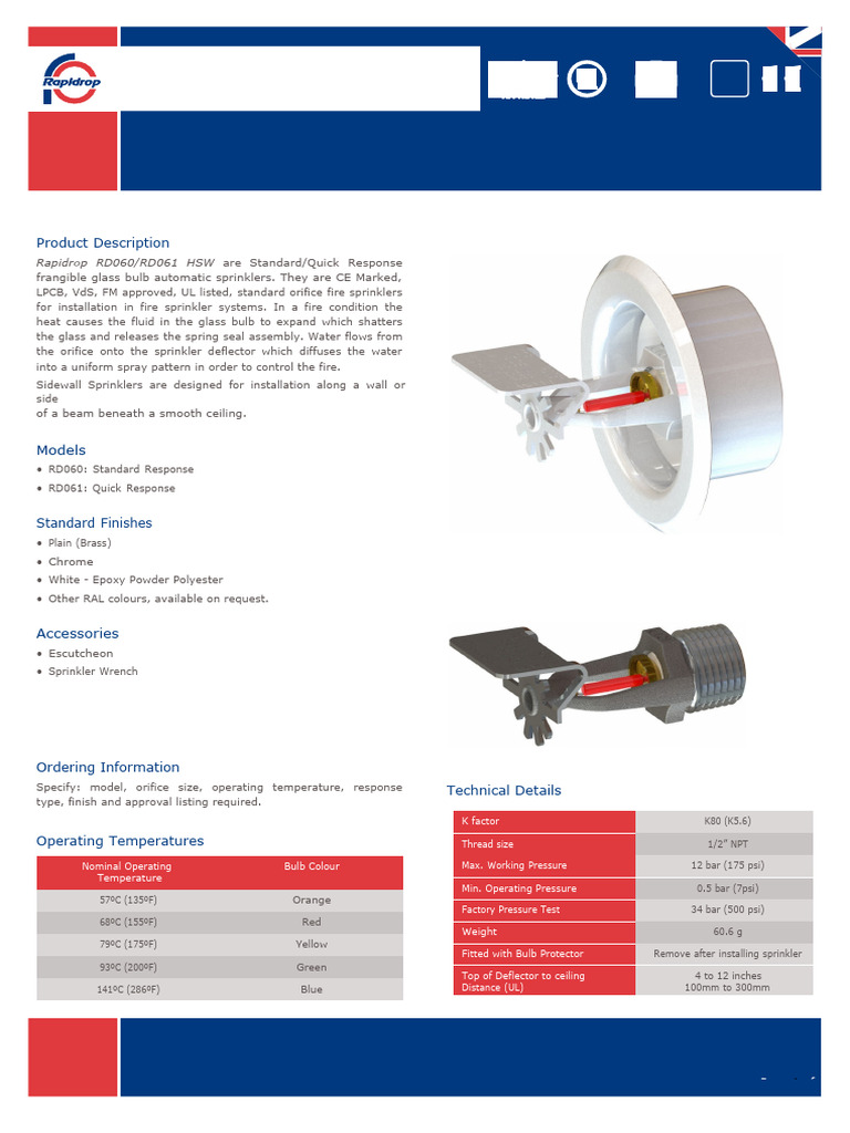 Horizontal Sidewall Sprinkler FM Ul LPCB Ce Vds | PDF