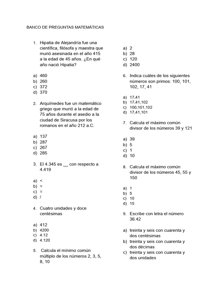 Banco de Preguntas Matemáticas 2.0 | PDF | Geometría Elemental | Matemáticas