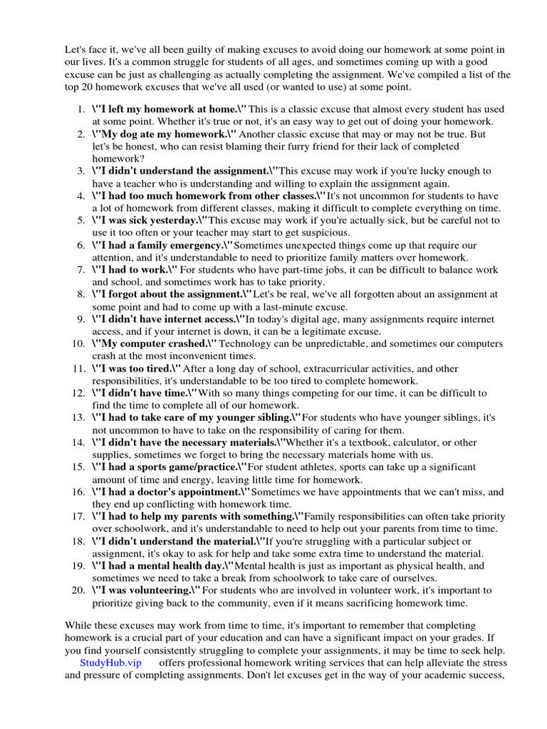 Top 20 Homework Excuses | PDF | Homework