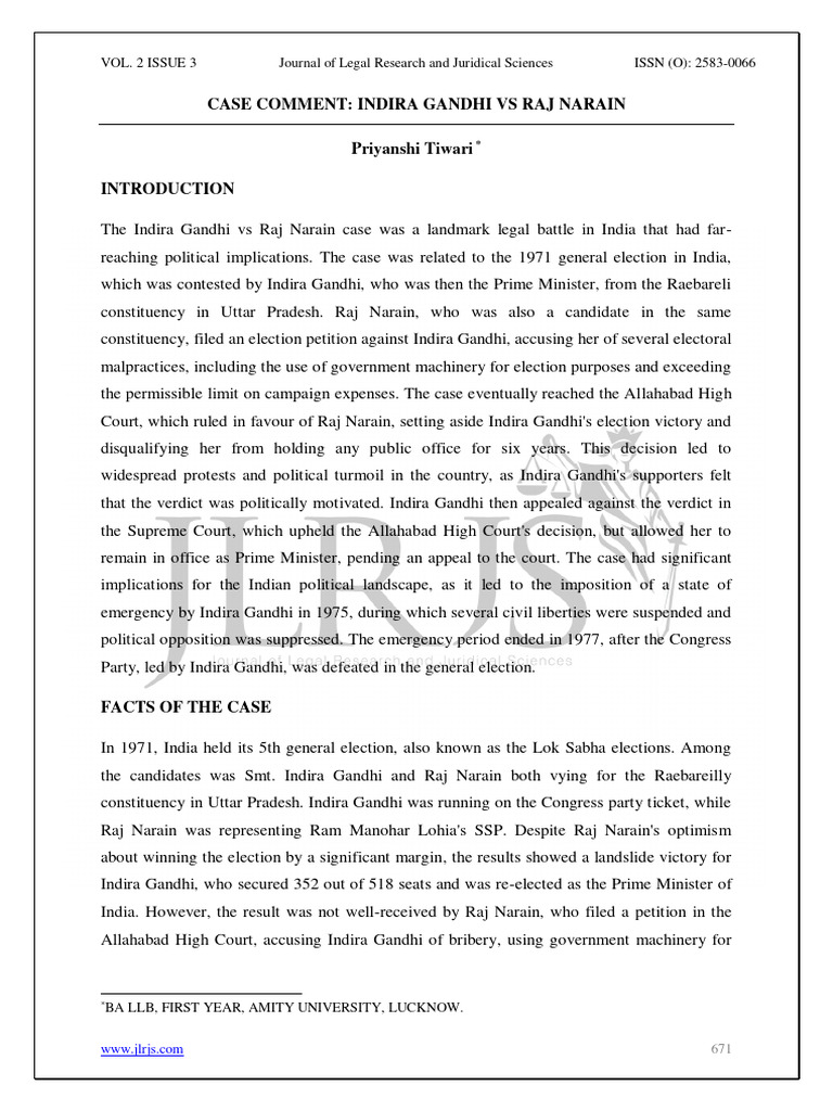 Indira Gandhi vs Raj Narain Case Analysis | PDF | Political Charters ...