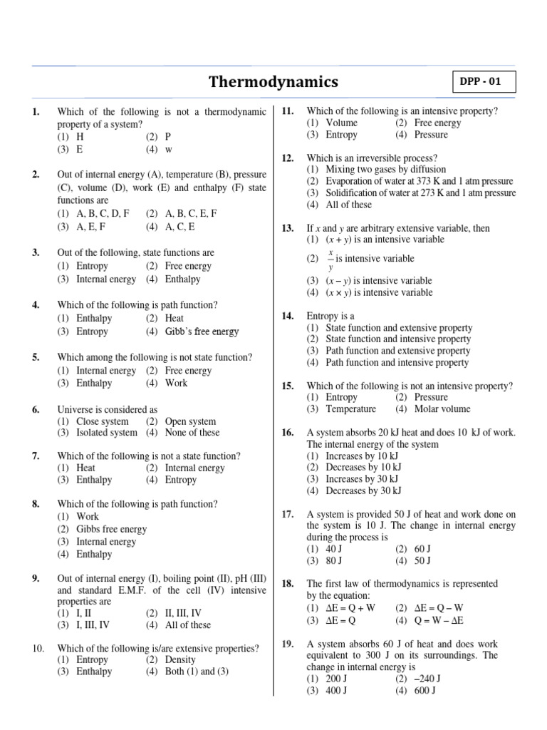 Thermodynamics Quiz Questions and Answers | PDF | Enthalpy | Gibbs Free ...