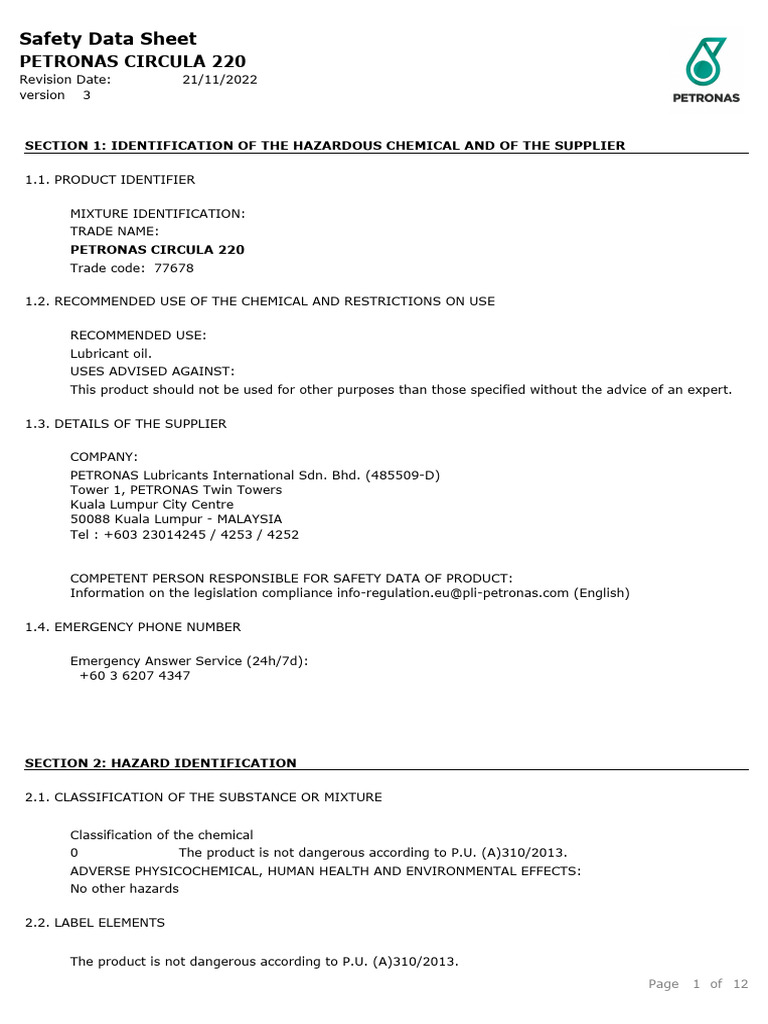 SDS_CIRCULA 220 - ENG | PDF | Dangerous Goods | Toxicity