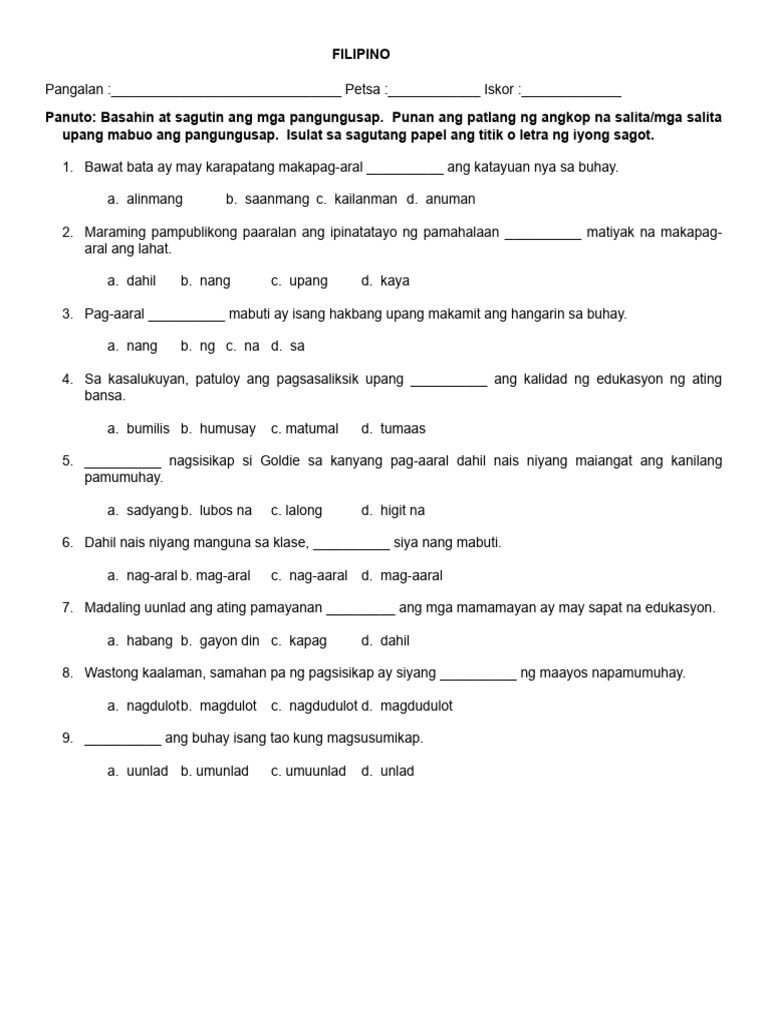 2013 NAT Mock Test Filipino Grade 6 | PDF