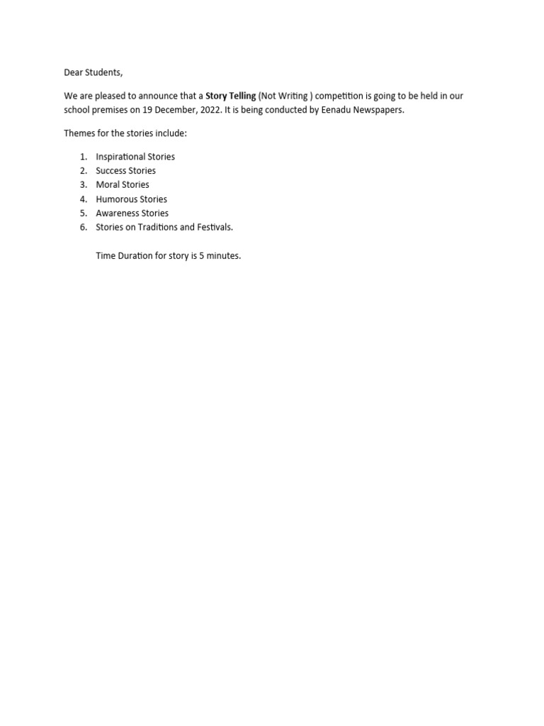 Story Telling Competition Announcement | PDF | Games & Activities