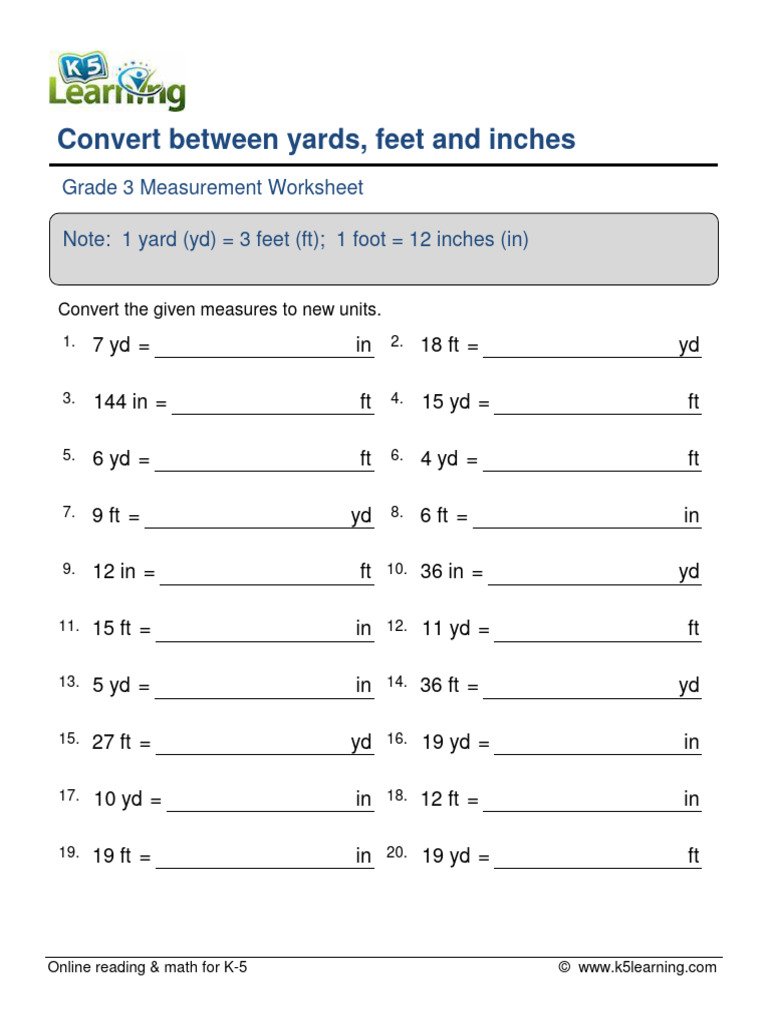 Yards, Feet, and Inches Conversion Worksheet | PDF