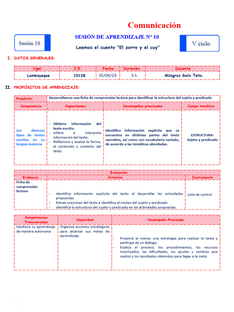 10° Sesión de Aprendizaje 10-Sem.2-Exp.5-Com | PDF | Comprensión lectora | Aprendizaje