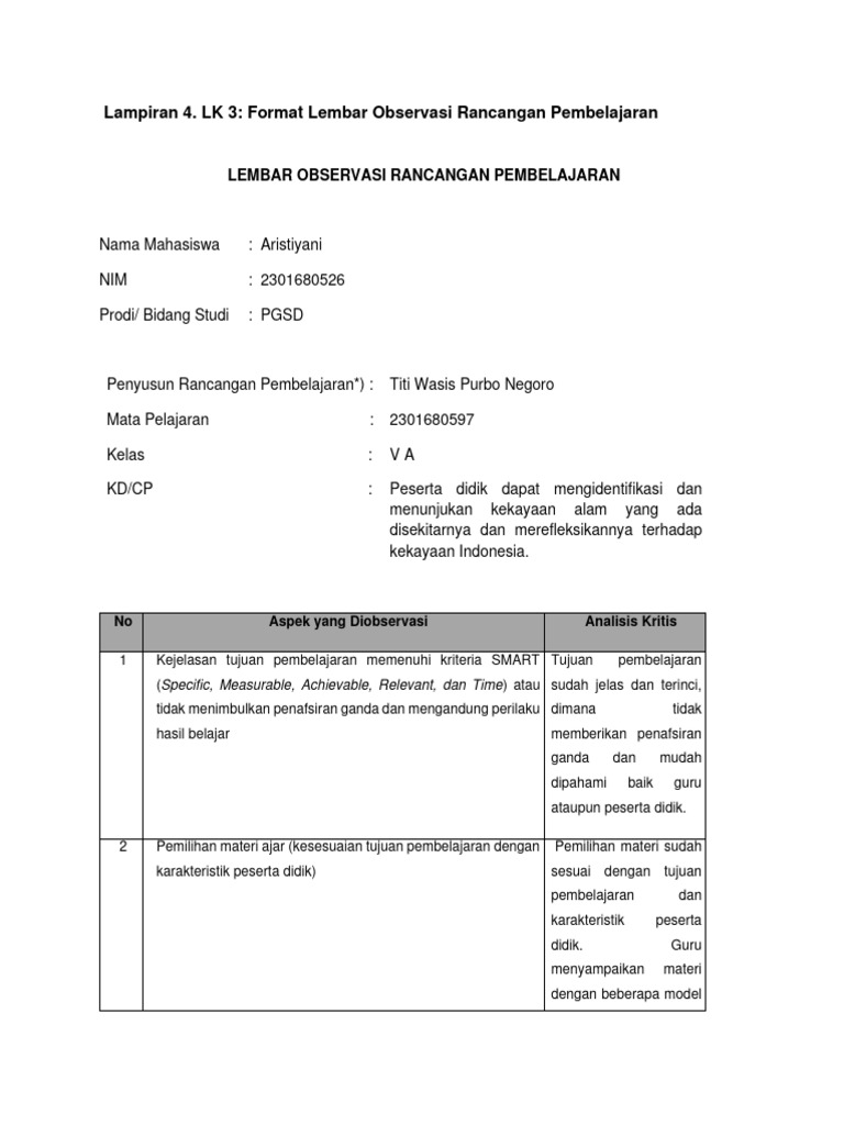 Observasi Rancangan Pembelajaran PGSD | PDF