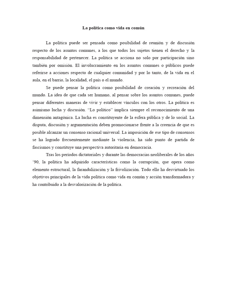 La Política Como Vida en Común | PDF