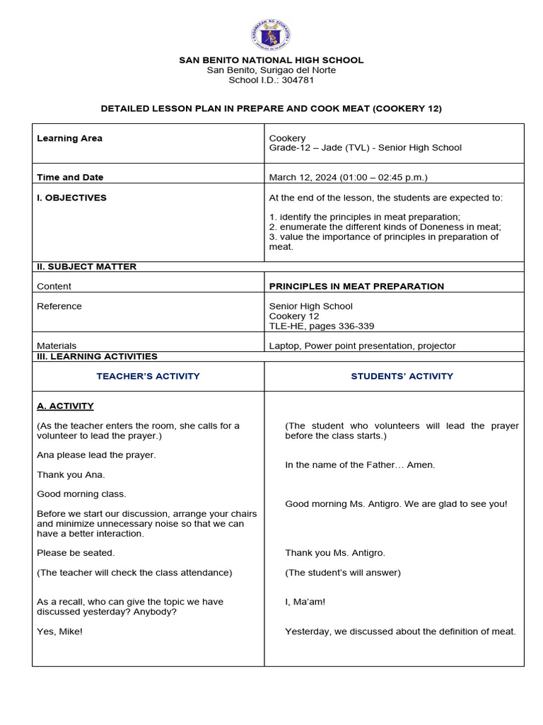 Meat Preparation Lesson Plan for Grade 12 | PDF | Grilling | Dependent ...
