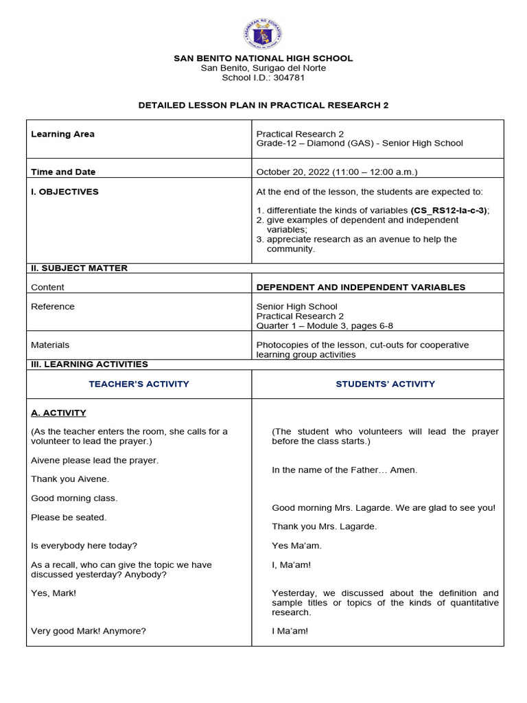 LESSON PLAN - Detailed - SY2022 | PDF | Learning | Cognition
