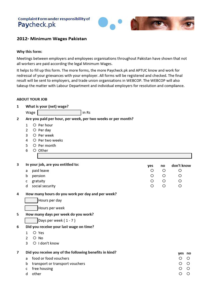 Pakistan Compliance Form | PDF | Employment | Wage