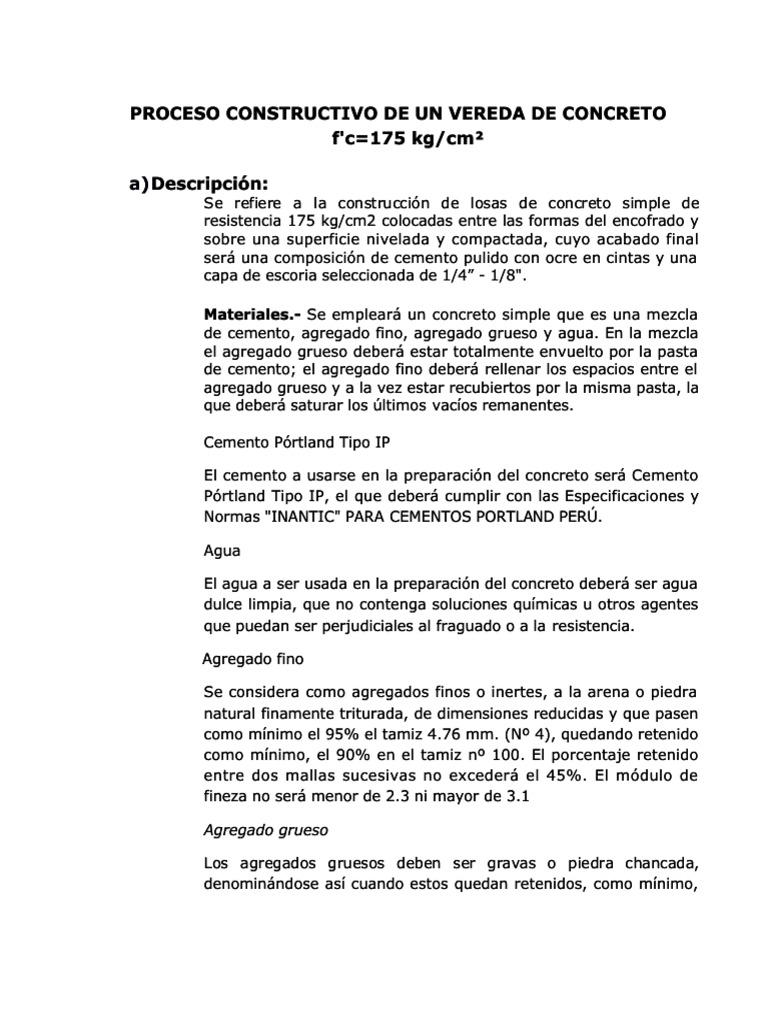 Proceso Constructivo de Vereda | PDF | Hormigón | Cemento