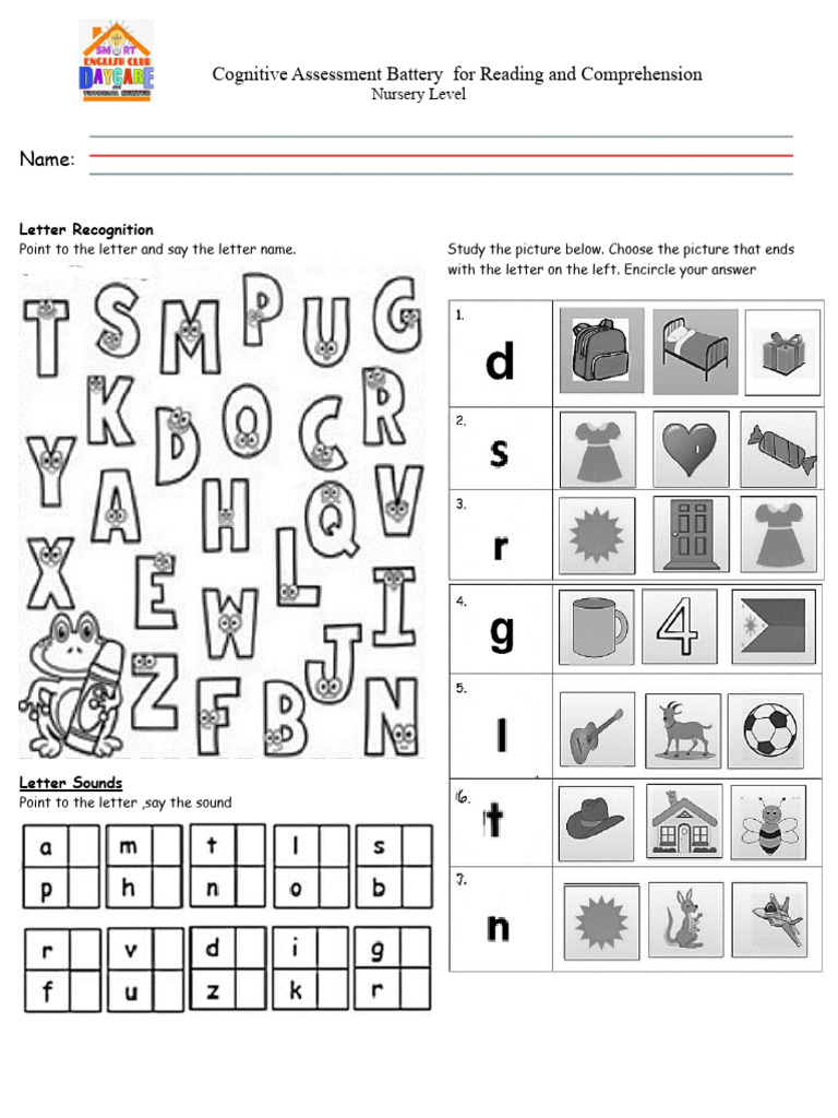 Cognitive Assessment Battery For Reading and Comprehension Nursery | PDF