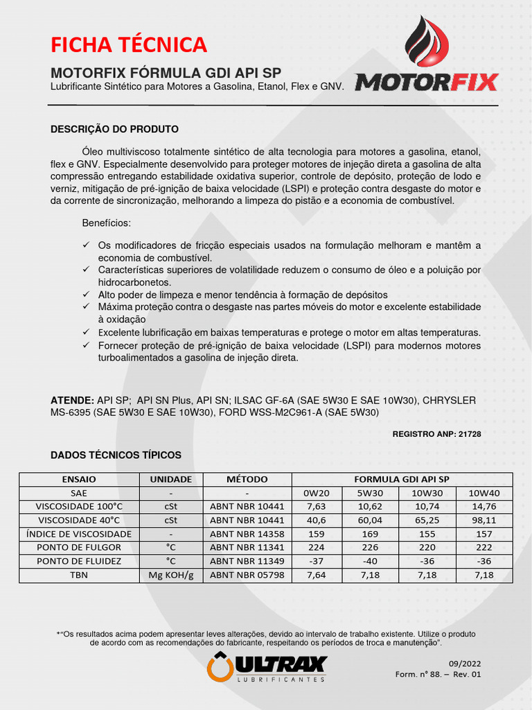 Ficha Tecnica Motorfix Formula Gdi Api SP | PDF | Óleo de motor ...