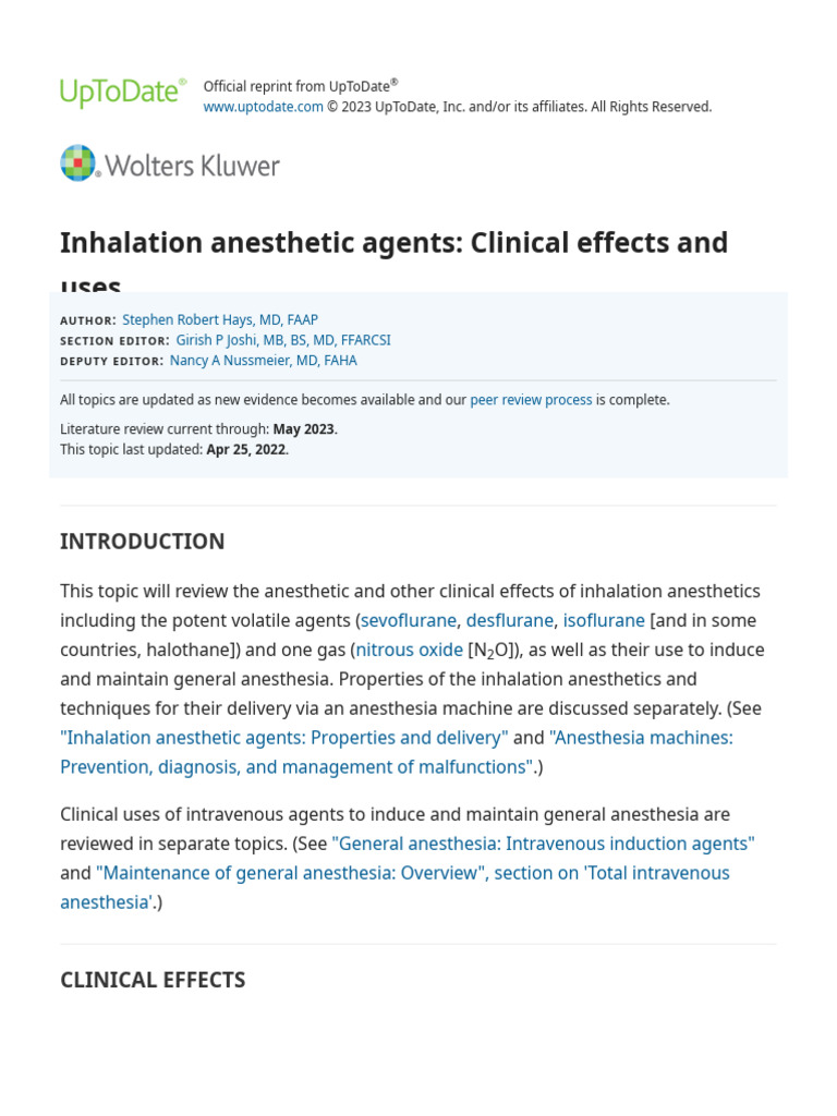 Inhalation Anesthetic Agents - Clinical Effects and Uses - UpToDate ...