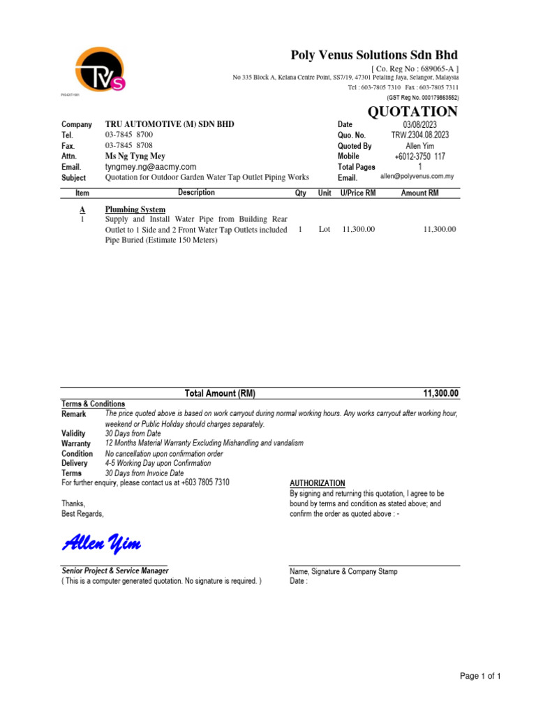 Piping Work Quotation for Water Supply | PDF
