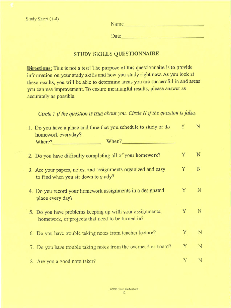 Study Skills Questionnaire | PDF