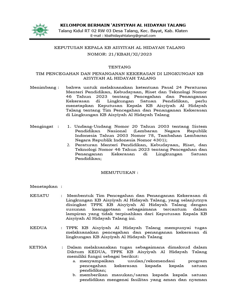 Contoh SK Kepala SatPen Pembentukan TPPK PAUD | PDF