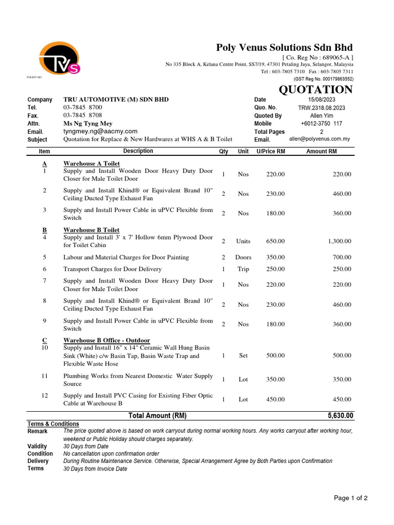 Quotation For Replace Toilet DR, DR Closer & New Basin and Exhaust Fan ...