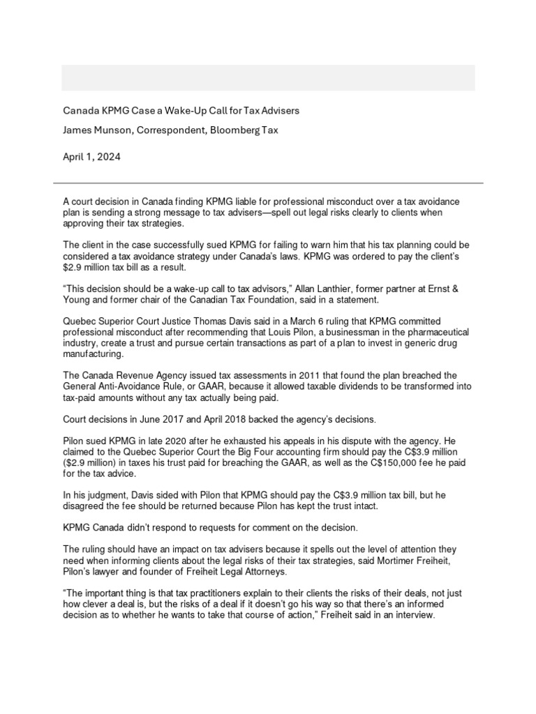 KPMG Case A Wake Up Call For Tax Advisers | PDF | Tax Avoidance | Taxes